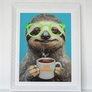 Sloth Coffee Poster Digital Download – Whimsical Wall Art With Neon ...