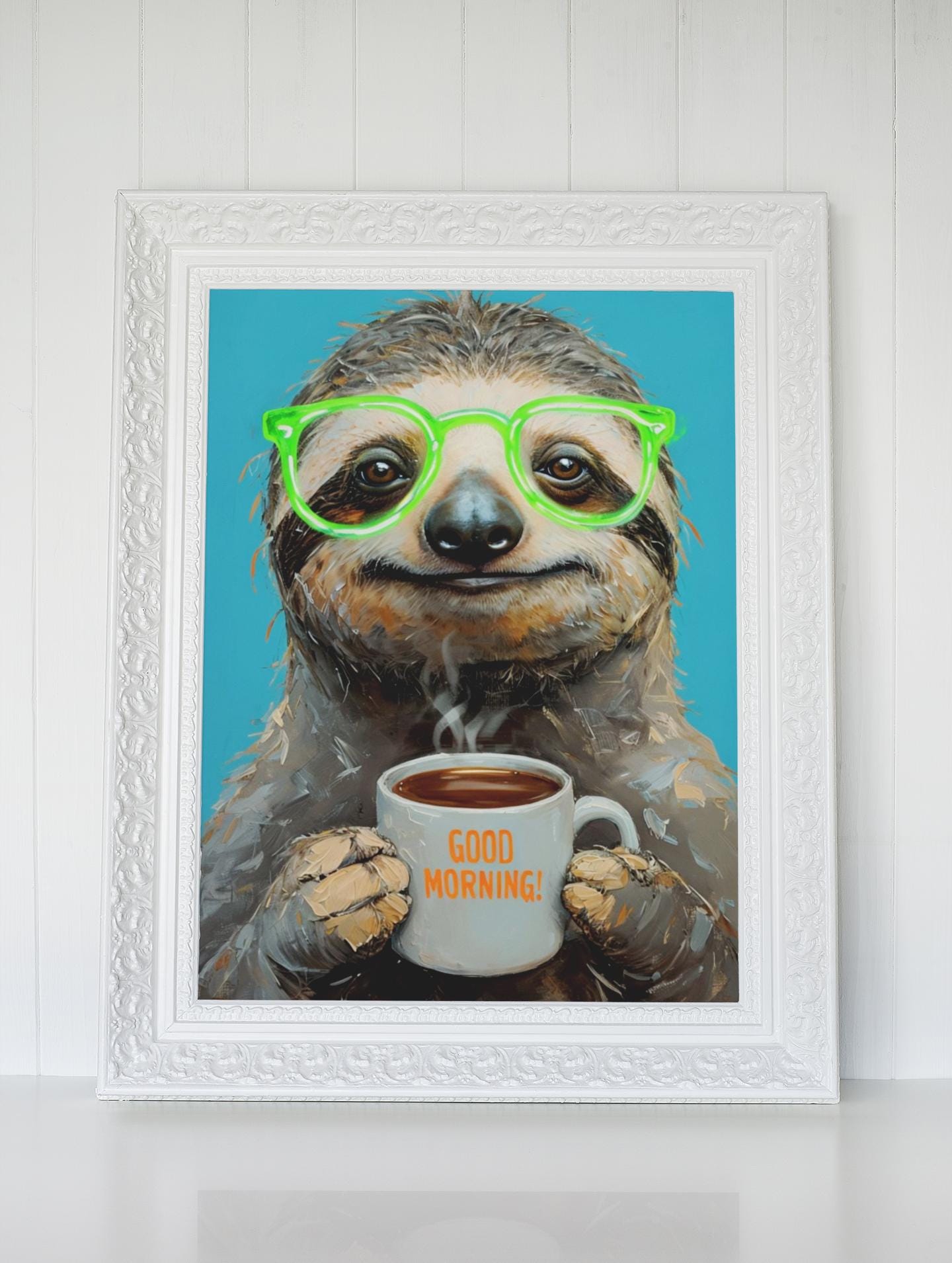 Sloth Coffee Poster Digital Download – Whimsical Wall Art With Neon ...