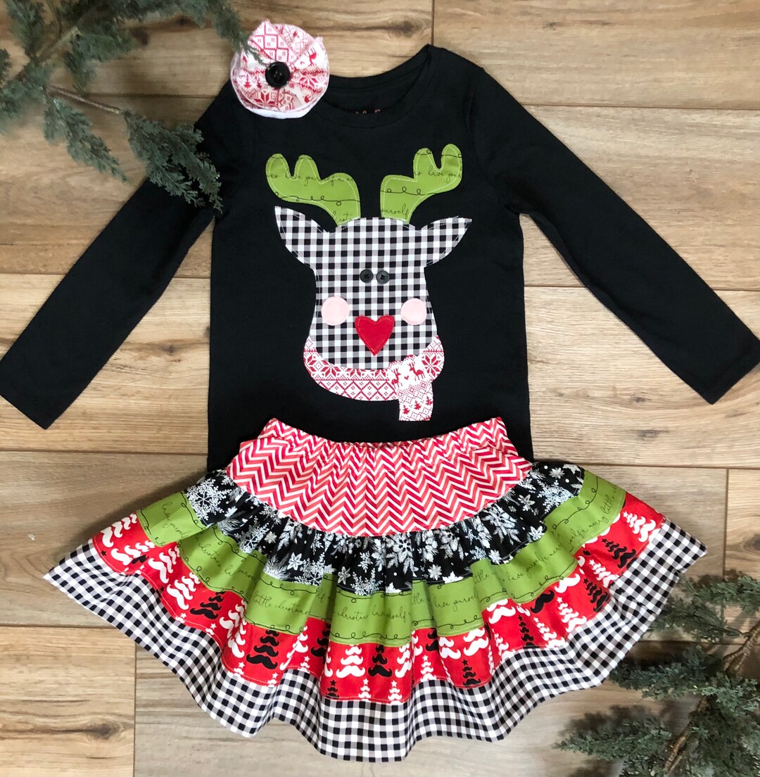 Modern Reindeer Girls Christmas Outfit Shirt and Skirt Dress Set - Etsy