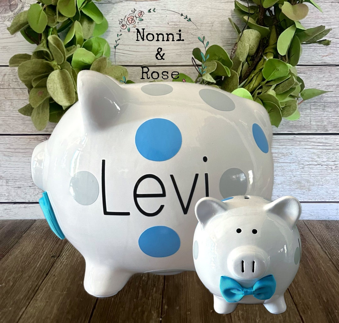Personalized Large Piggy Bank, Light Gray and Ice Blue, Boy Piggy Bank ...