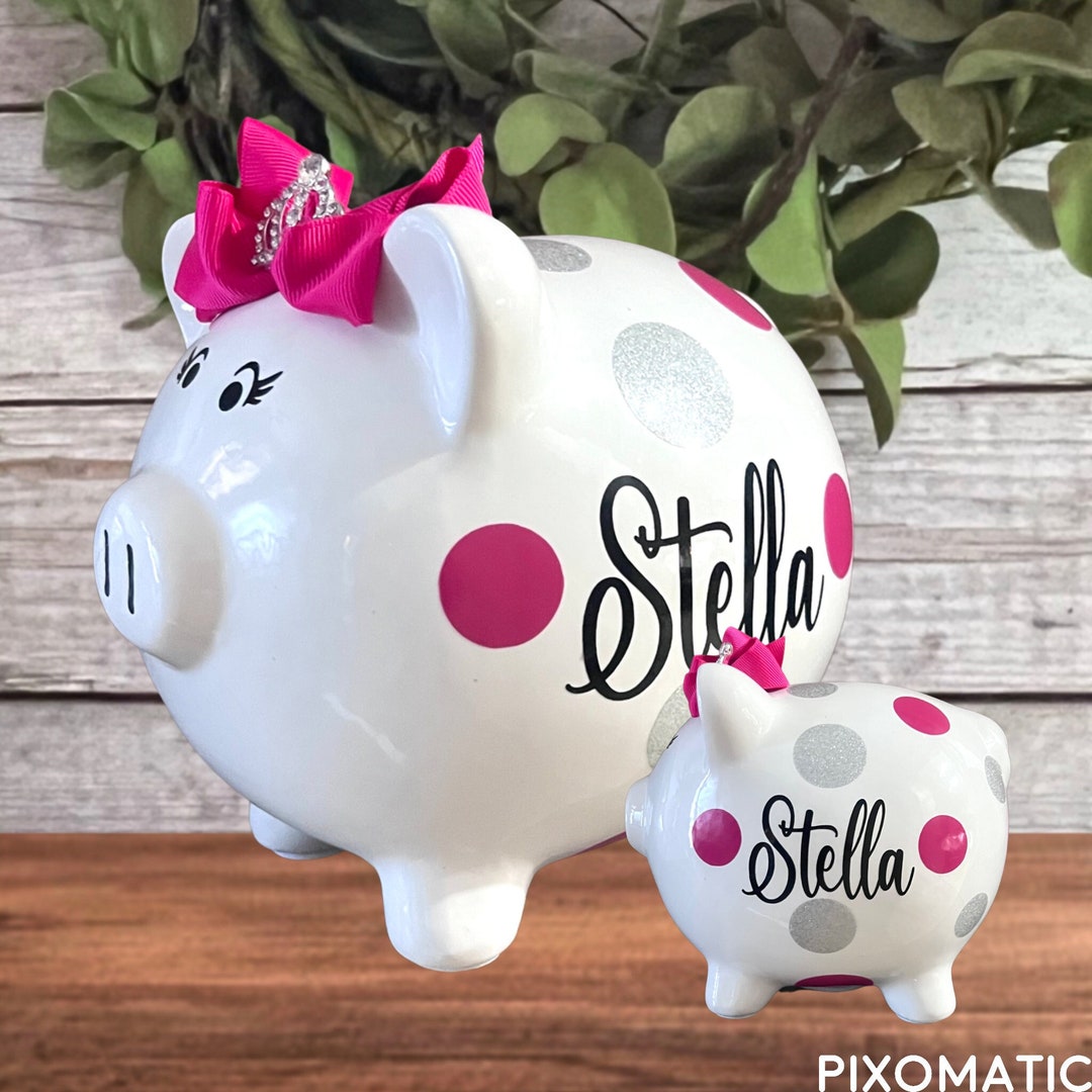 Personalized Large Piggy Banks for Girls, Light Pink and Gold Polka ...