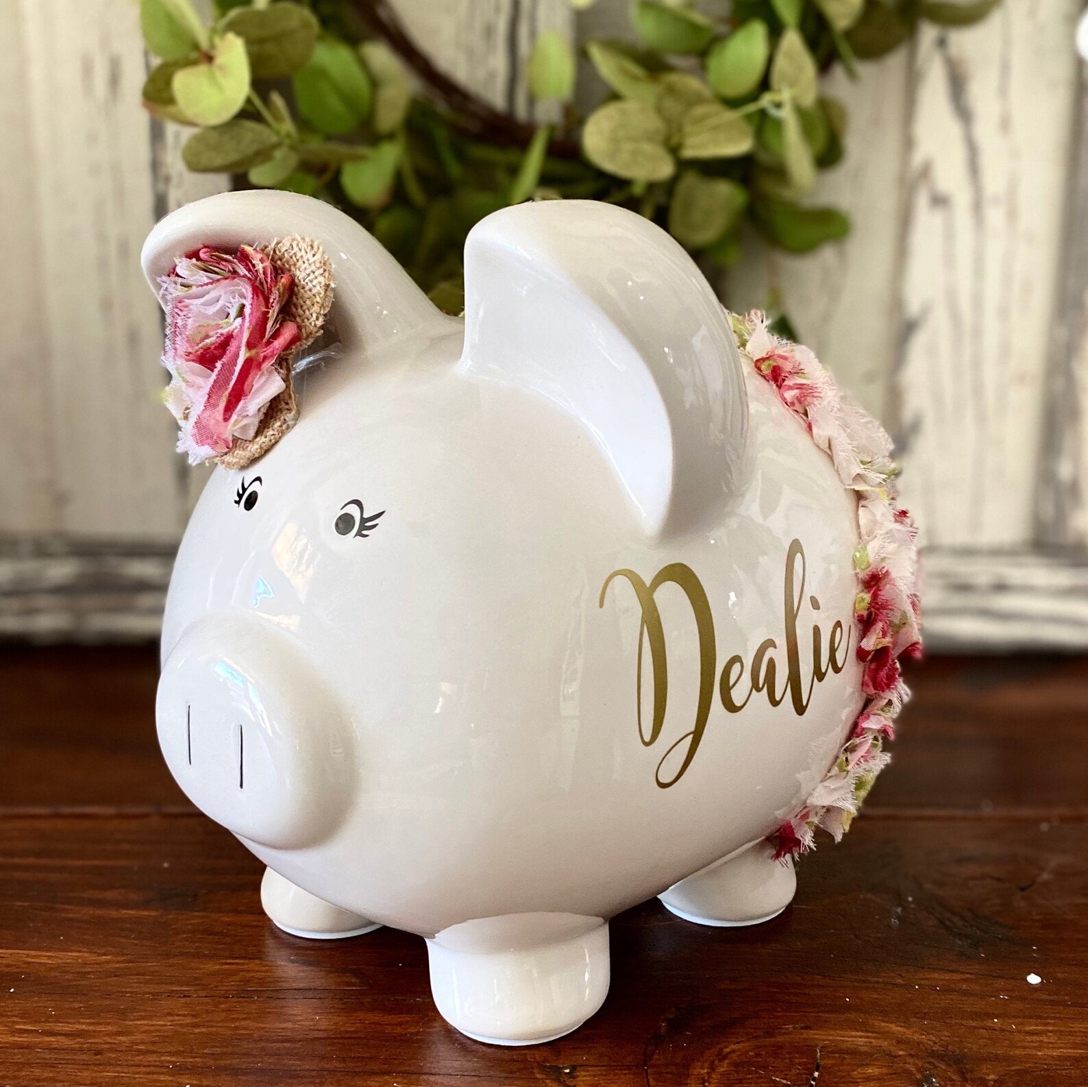 LARGE Personalized Pink Piggy Bank Flowered Tutuburlap - Etsy