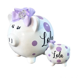 Personalized Large Purple and Glitter Silver Polka Piggy Bank,piggy ...