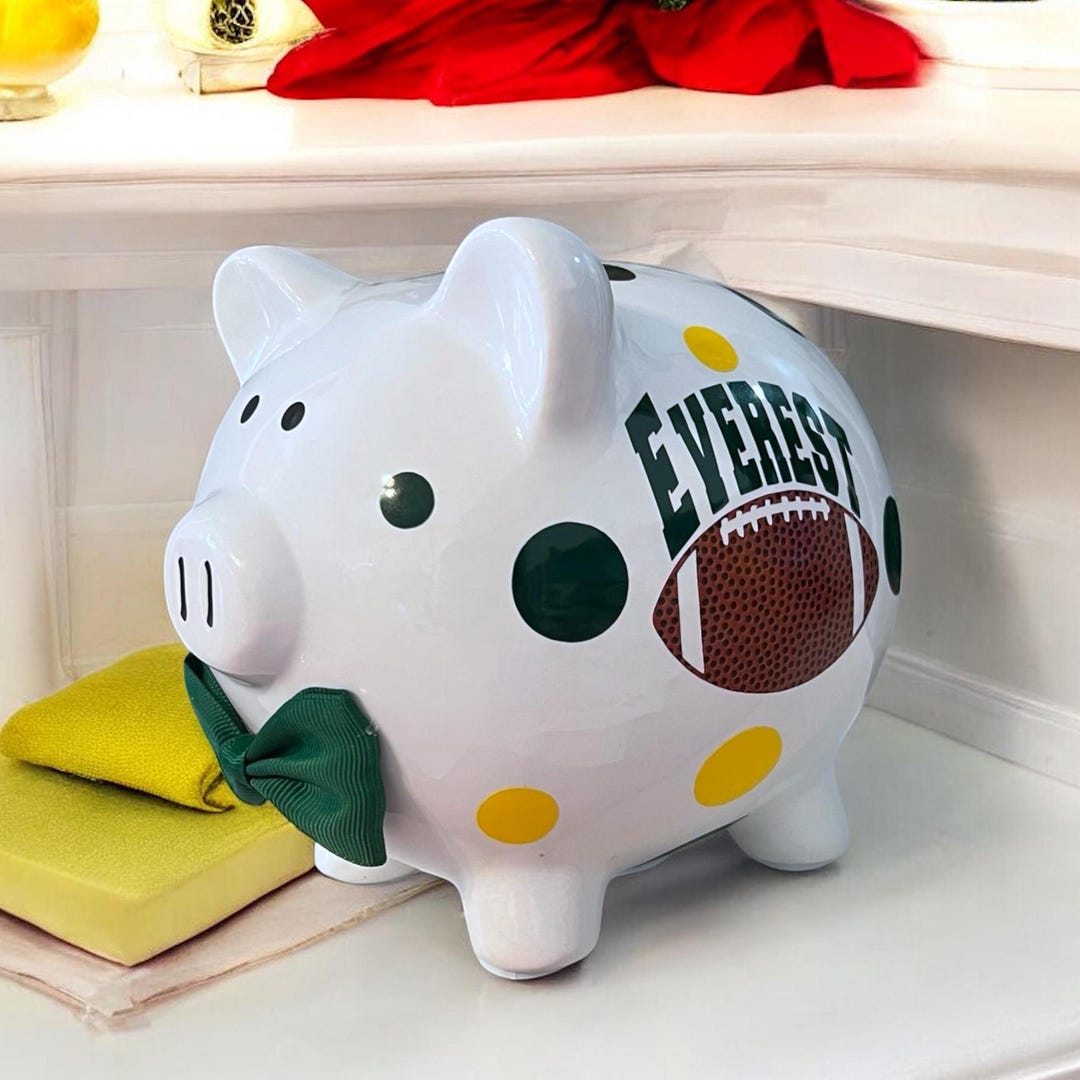 Personalized Large Yellow and Dark Green Dot Football Banks for Boys ...