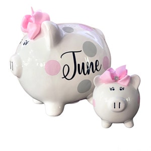 Personalized Small Piggy Bank, Hot Pink and Glitter Silver Polka Dot ...