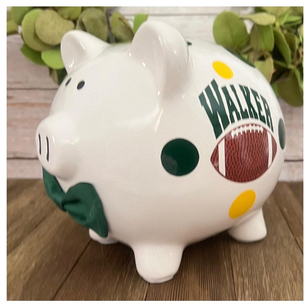 Personalized Large Yellow and Dark Green Dot Football Banks for Boys ...