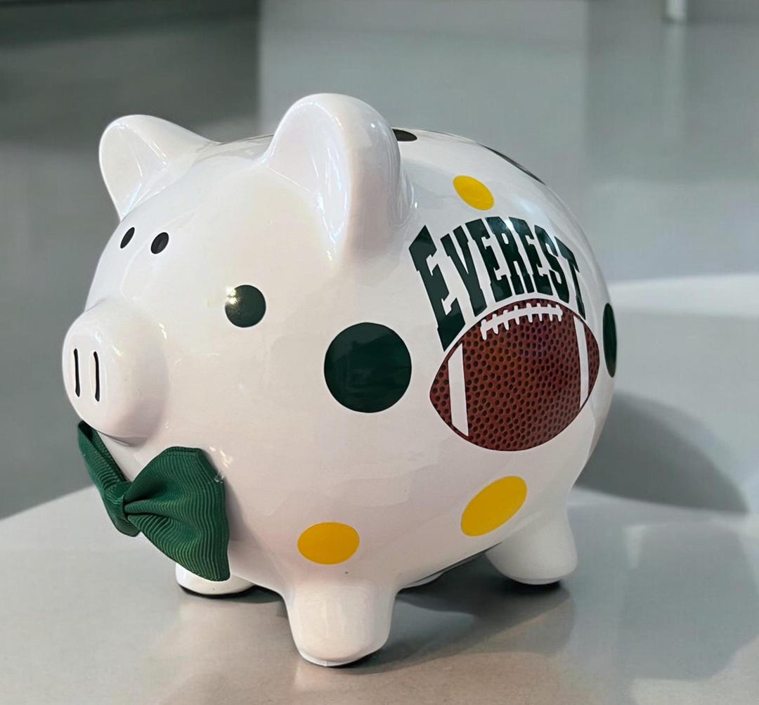 Personalized Large Yellow and Dark Green Dot Football Banks for Boys ...