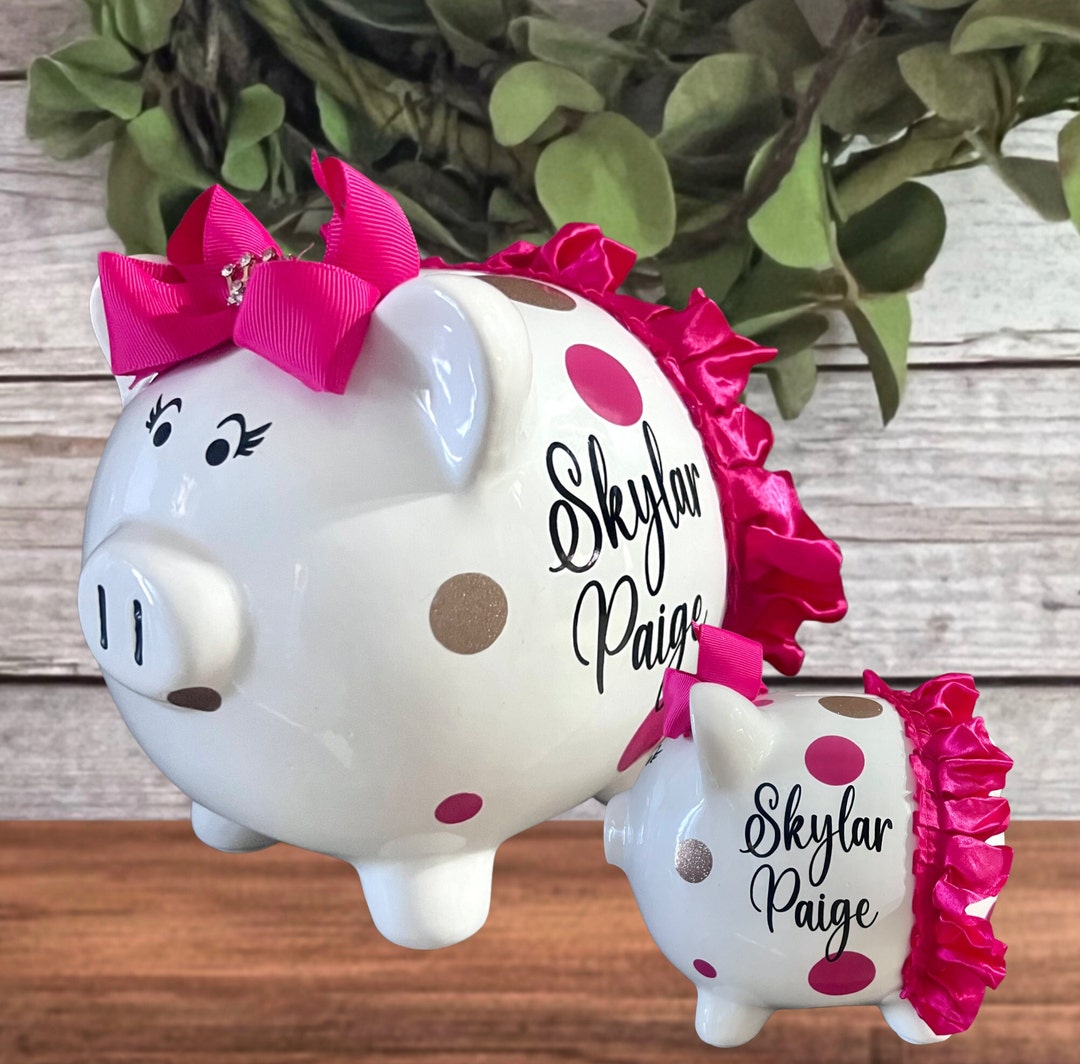 Personalized Large Piggy Bank, Hot Pink and Gold Polka Dot Bank, Piggy ...