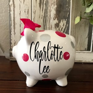 Personalized Hot Pink and Glitter Silver Polka Dot Piggy Bank, Girl ...