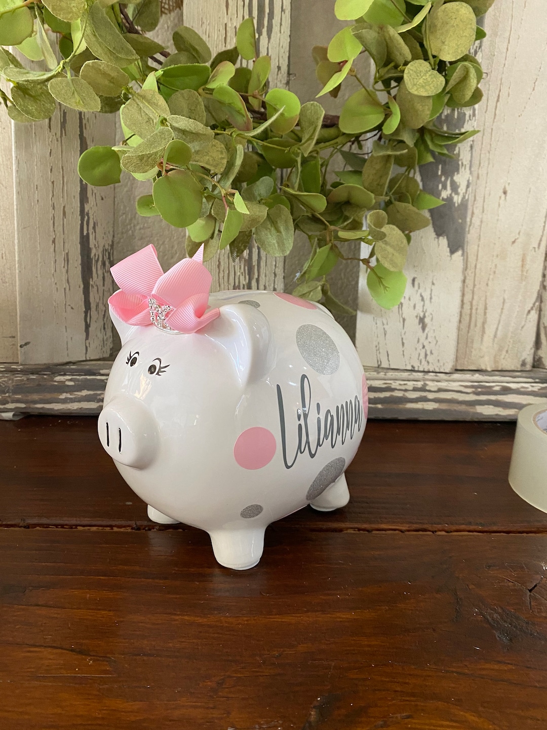 Large Piggy Bank Light Pink and Glitter Silver Polka Dots,piggy Bank ...