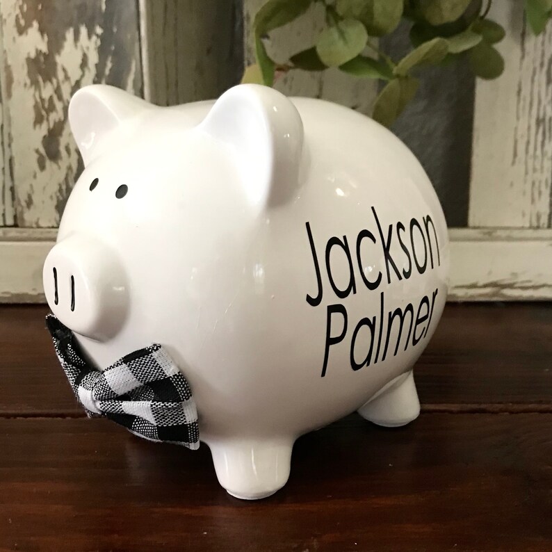 Large Personalized Boys Piggy Bank Buffalo Plaid Bow Tie - Etsy