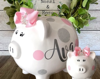 Personalized Large Light Pink Polka Dot Piggy Bank, Piggy Banks for ...