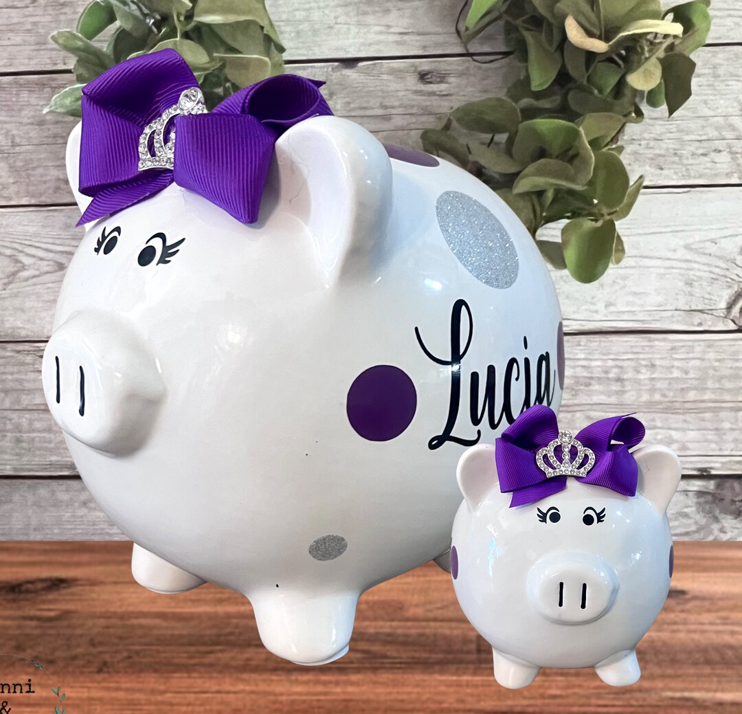 Personalized Large Purple and Glitter Silver Polka Piggy Bank,piggy ...