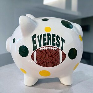 Personalized Large Yellow and Dark Green Dot Football Banks for Boys ...