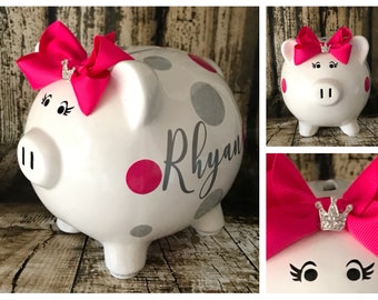 Personalized Small Piggy Bank Hot Pink and Glitter Silver - Etsy