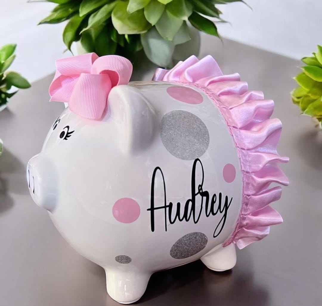 Personalized Light Pink and Silver Polka Dot Piggy Bank, Pink Tutu ...