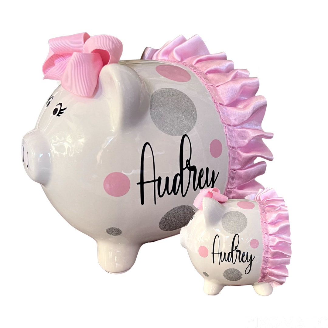 Personalized Light Pink and Silver Polka Dot Piggy Bank, Pink Tutu ...