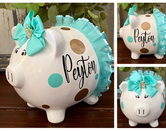 Personalized Large Pink and Glitter Gold Polka Piggy - Etsy