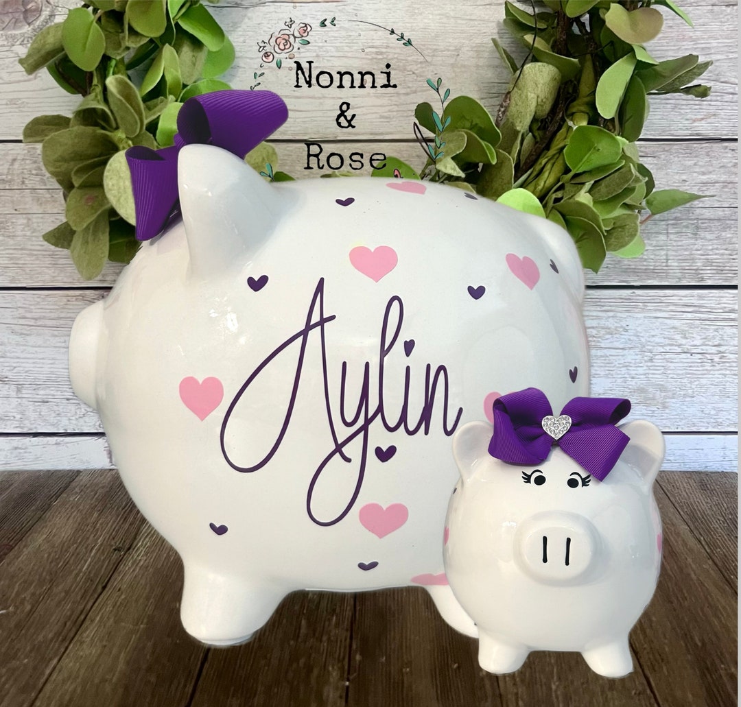 Personalized Heart Piggy Bank, Purple Heart, Banks for Girls, Girl Bank ...