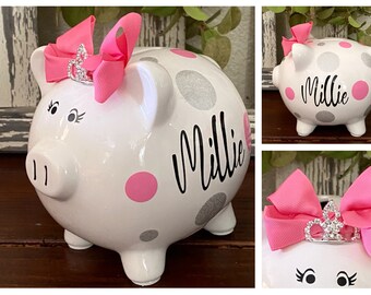 Personalized Large Piggy Bank Light Pink and Silver Polka Dot - Etsy