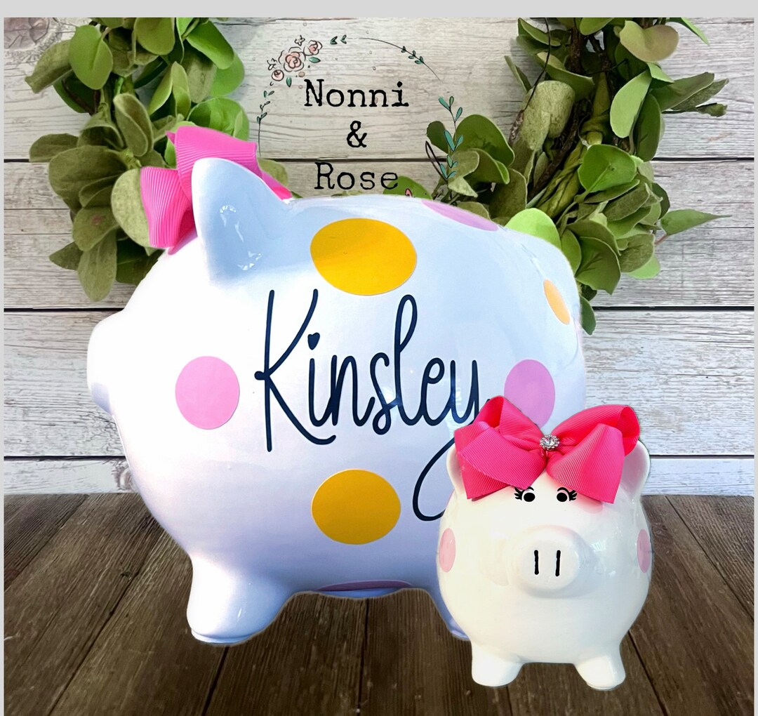 Personalized Large Pink and Yellow Piggy Bank, Piggy Banks for Girls ...