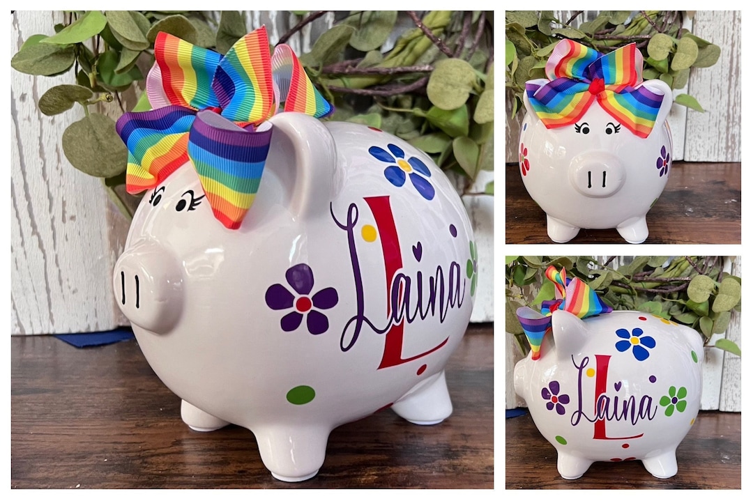 Personalized Flower Rainbow Piggy Banks for Girls, Girl Bank, Piggy ...