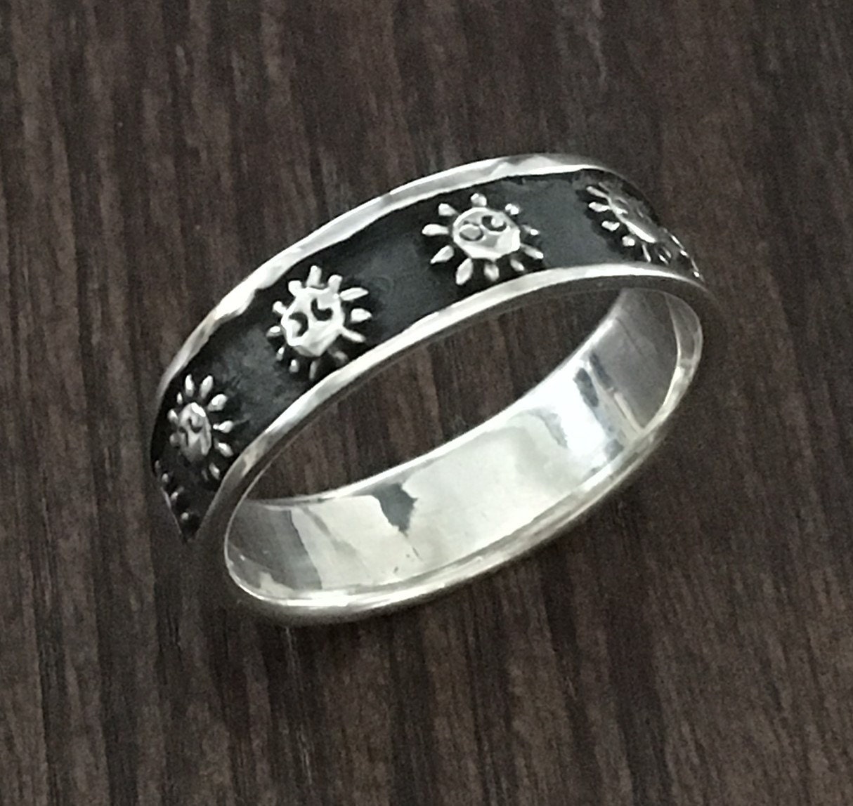 Simple Sterling Silver .925 Band Ring With Stamped Sun Design - Rustic ...