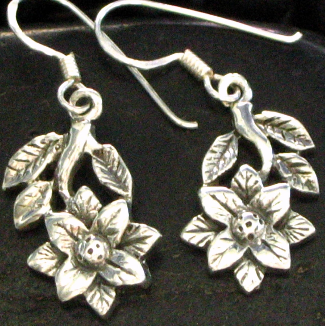 Simple Carved Flower & Stem Drop Earrings in Sterling Silver .925 - Etsy