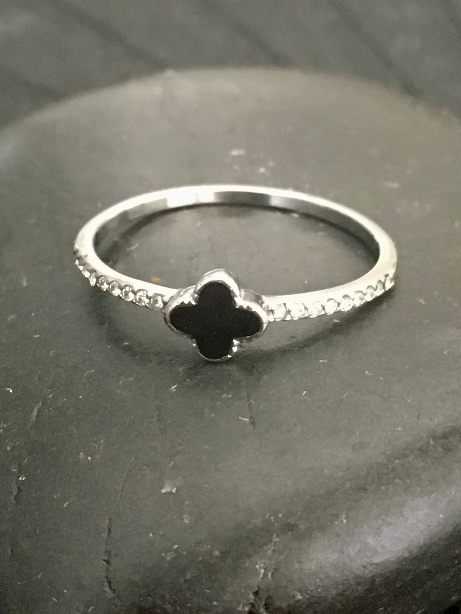Dainty Black Clover & Silver Stainless Steel Ring Crystal ...