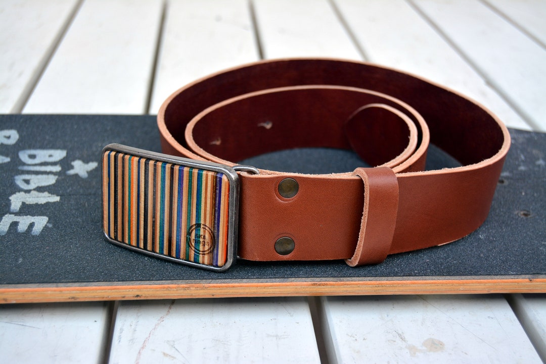 Leather Belt With Recycled Skateboard Buckle, Brown Belt, Real Leather ...