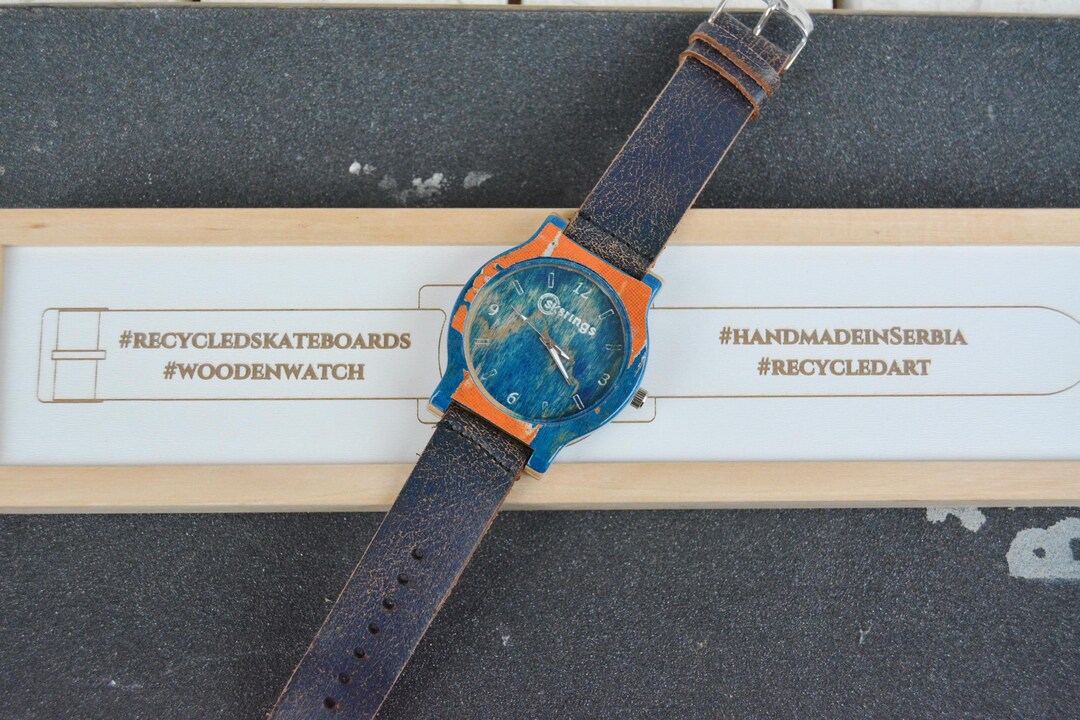 Recycled Skateboard Watch, Blue Orange, Wrist Watch, Man Style, Wood ...