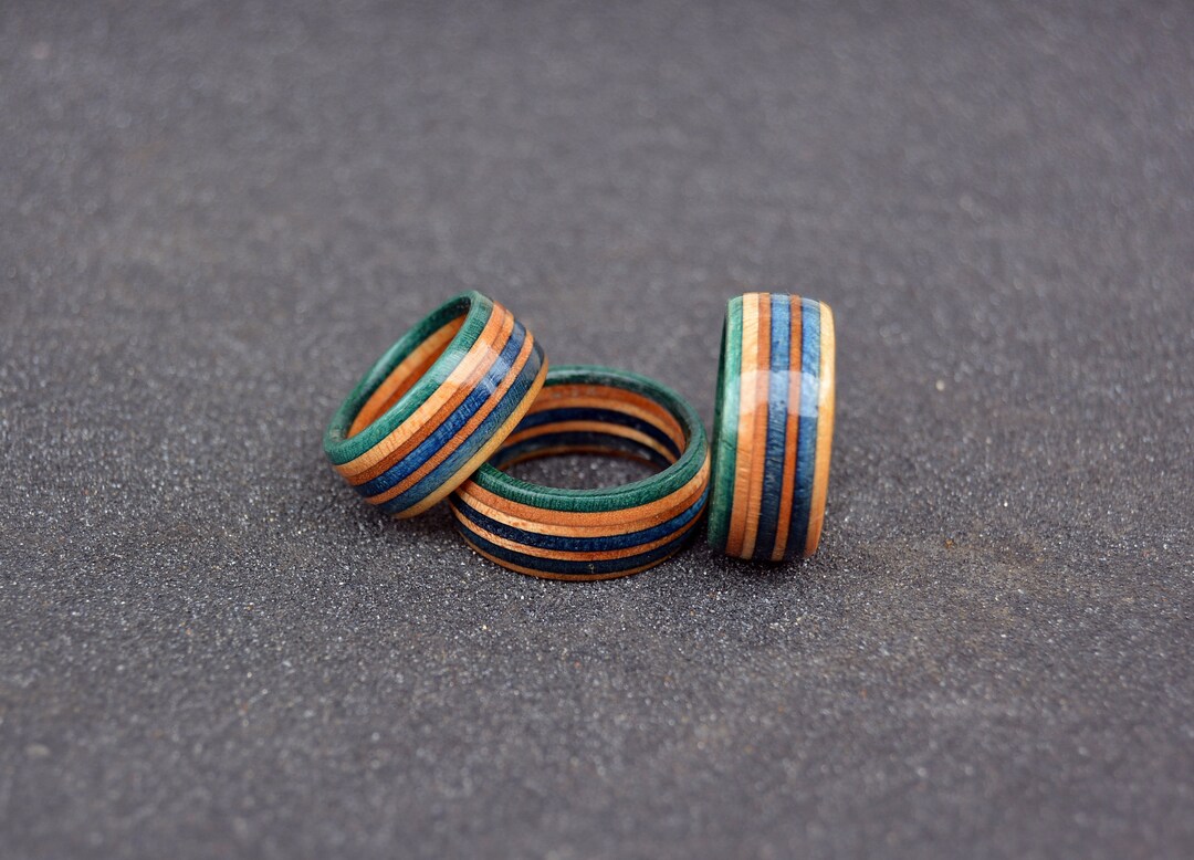 Recycled Skateboard Ring: Maple Wood, Green & Blue - Etsy