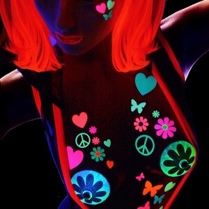 Hippy Neon Glow Body Stickers- Peace Sign, Daisy, EDC Rave Costume-neon ...