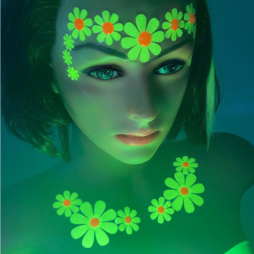 Neon Yellow Daisy Face Jewel Sticker, EDC Costume, UV Blacklight, Glow ...