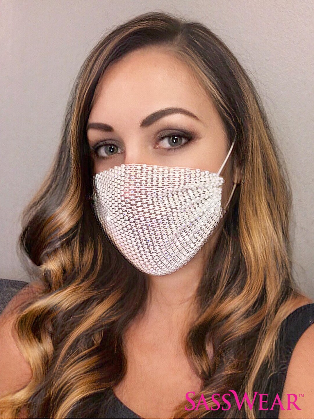 Face Mask Rhinestone White Mesh Mask Cover for Raves and Festivals ...