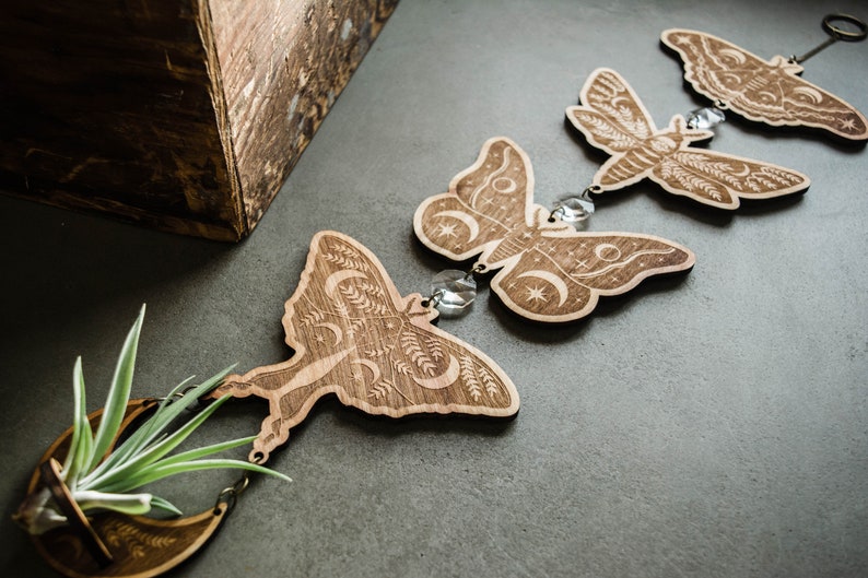Hanging Planter Moth Airplant Holder, Celestial Wall Art, Wooden ...