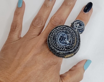 Denim Ring, Adjustable Distressed Jean Statement Ring - Etsy