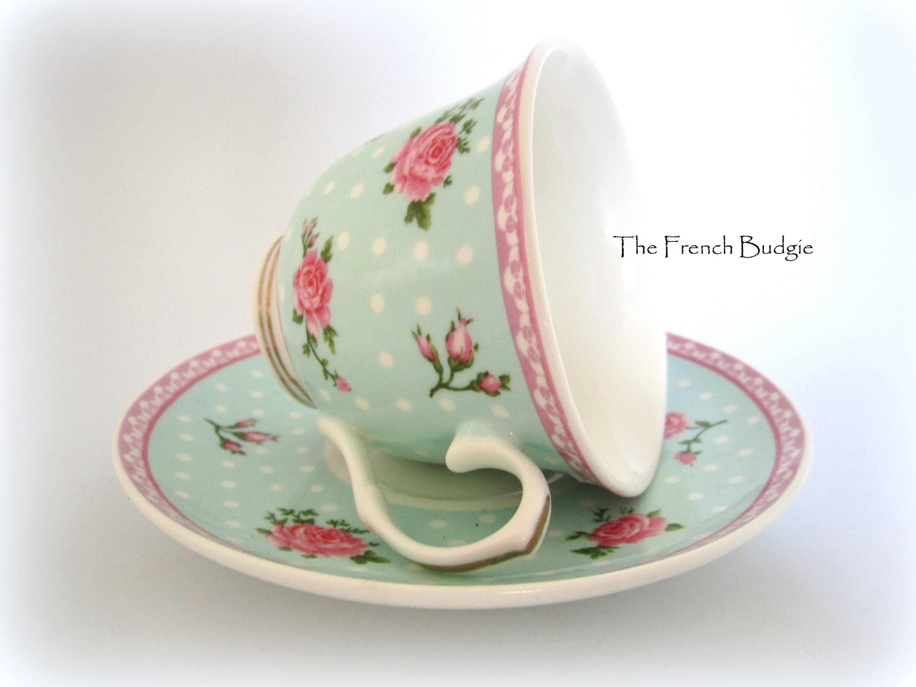Charming Vivian Tea Set Pink Roses and Polka Dots on Light Blue Set by ...
