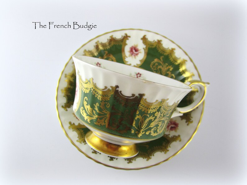 Green and Gold Paragon Teacup and Saucer Set~ Ornate Gold Scroll Design ...