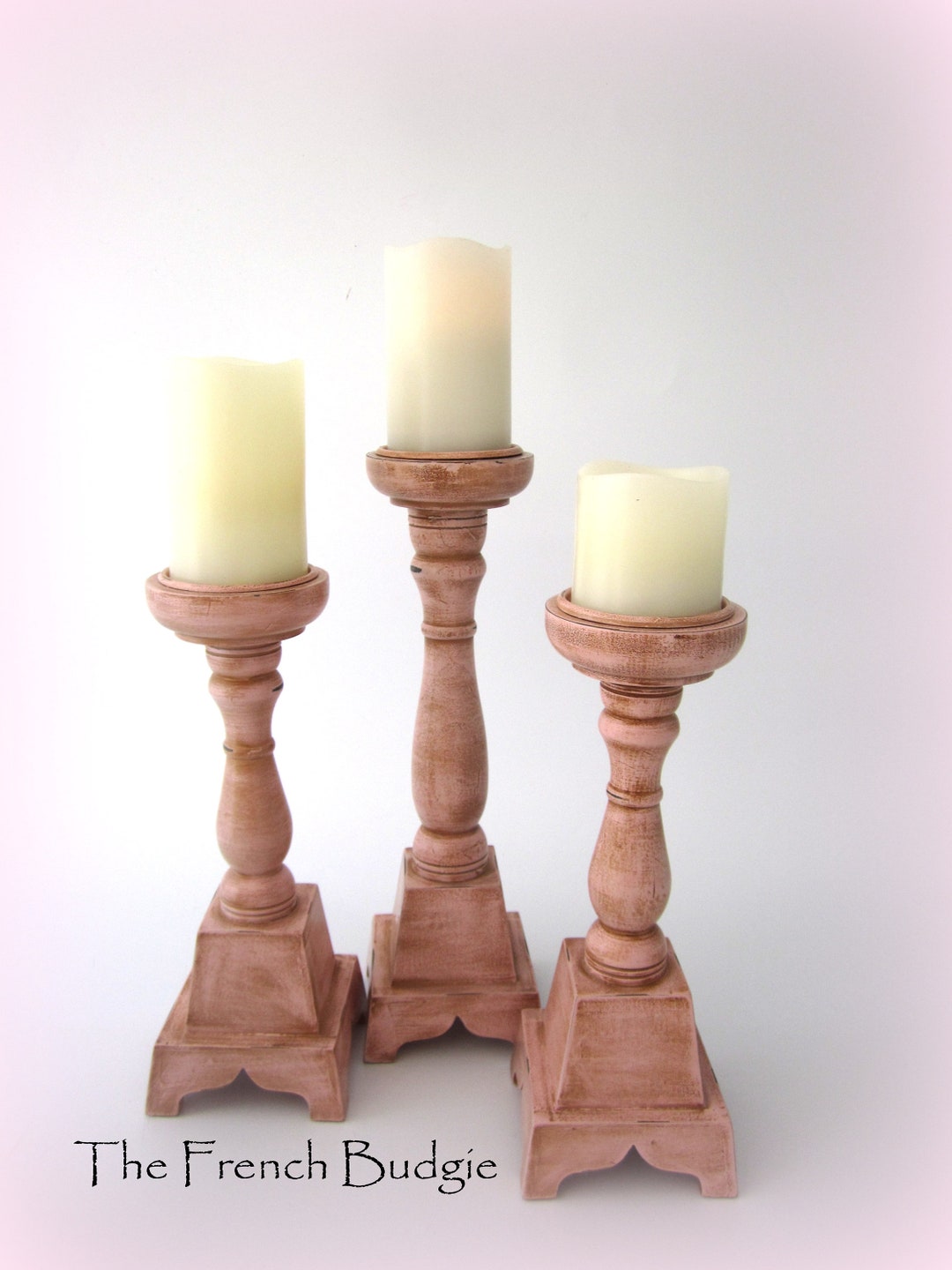 Trio of Large Pink Rustic Wooden Vintage Candlesticks - Etsy