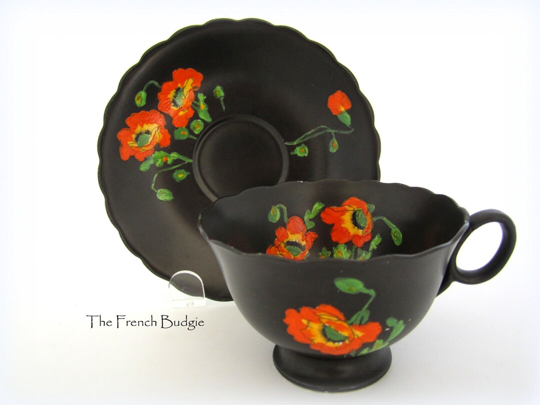 Atlas Poppy Floral Matte Black Teacup and Saucer Made in ENGLAND - Etsy