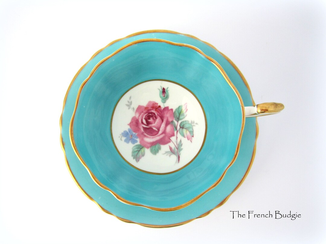 Paragon Bold Turquoise Blue With Floating Pink Rose Vintage Teacup and ...