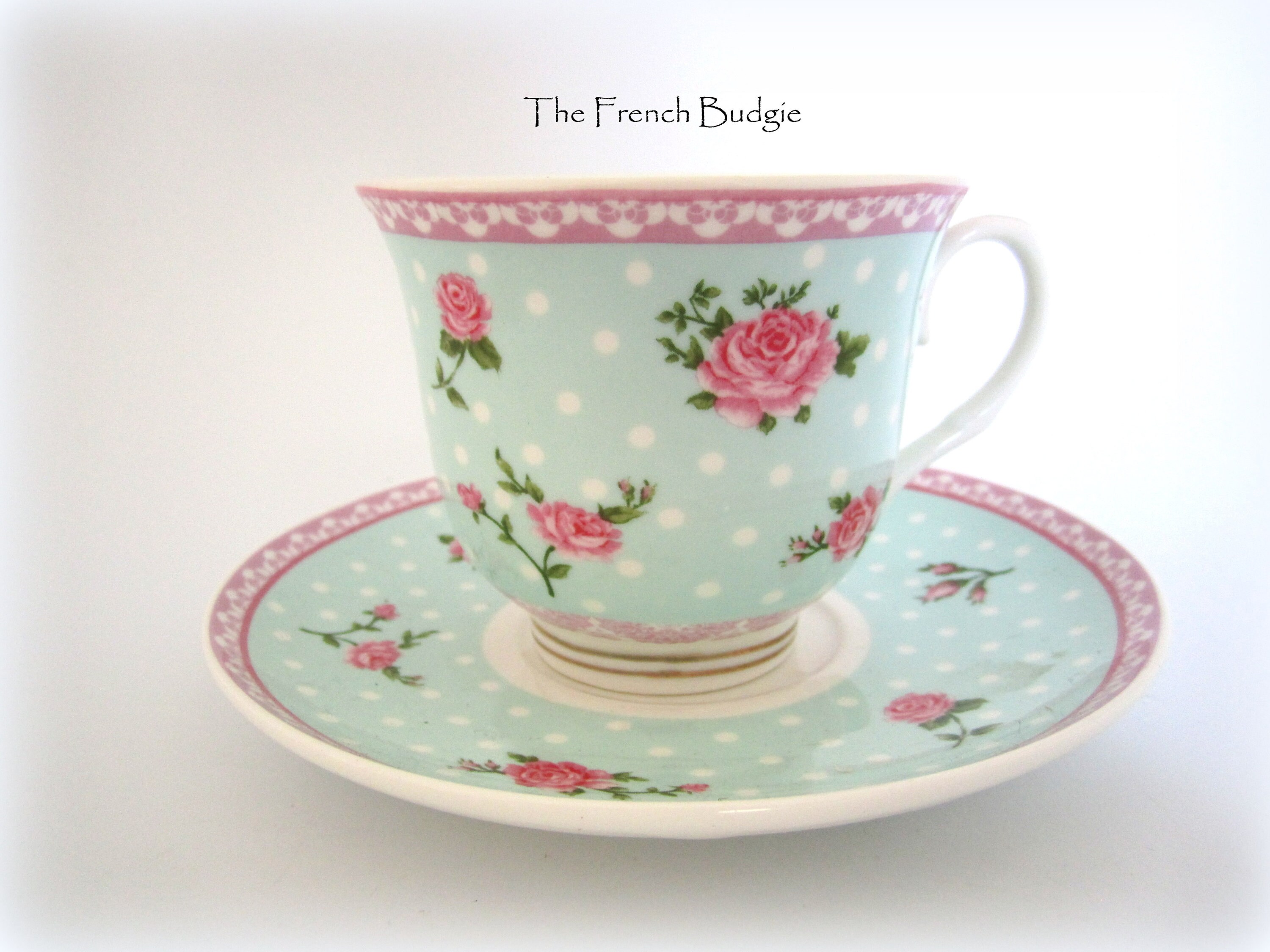 Charming Vivian Tea Set Pink Roses and Polka Dots on Light Blue Set by ...