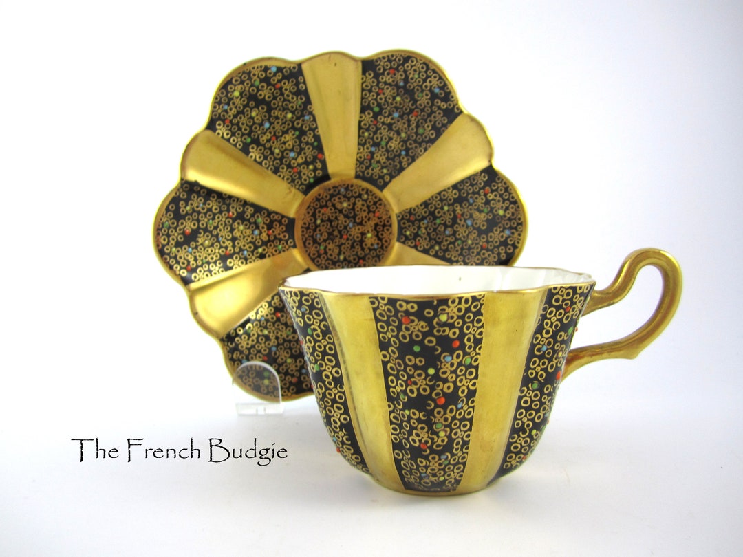Royal Stuart Black Gold Hand Painted Vintage Teacup and Saucer Made in ...