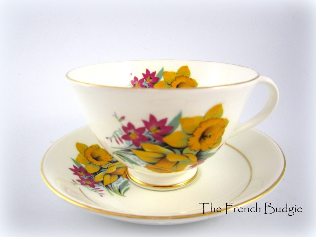 Bone China Vintage Daffodil Spring Bouquet Teacup and Saucer Set Made ...