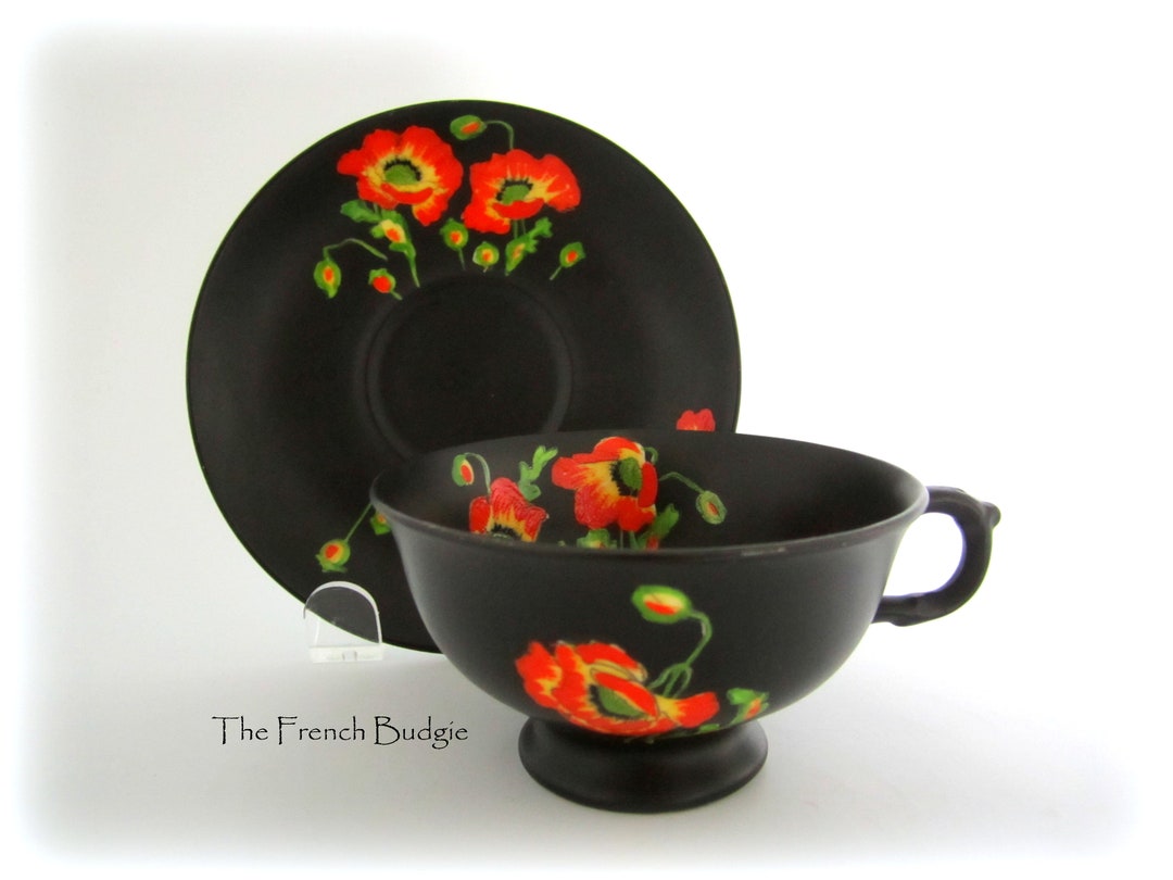 Atlas Poppy Floral Matte Black Teacup and Saucer Made in ENGLAND - Etsy