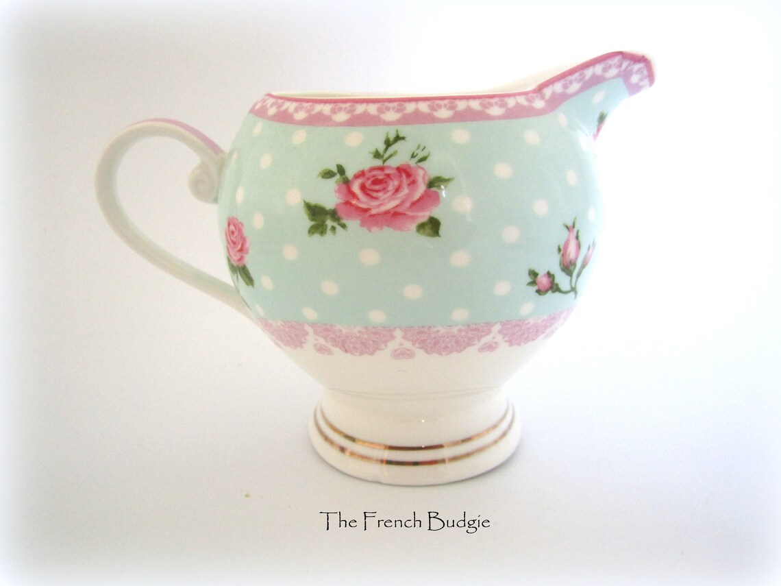Charming Vivian Tea Set Pink Roses and Polka Dots on Light Blue Set by ...