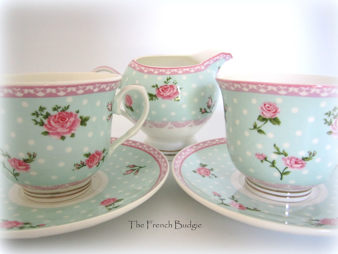 Charming Vivian Tea Set Pink Roses and Polka Dots on Light Blue Set by ...
