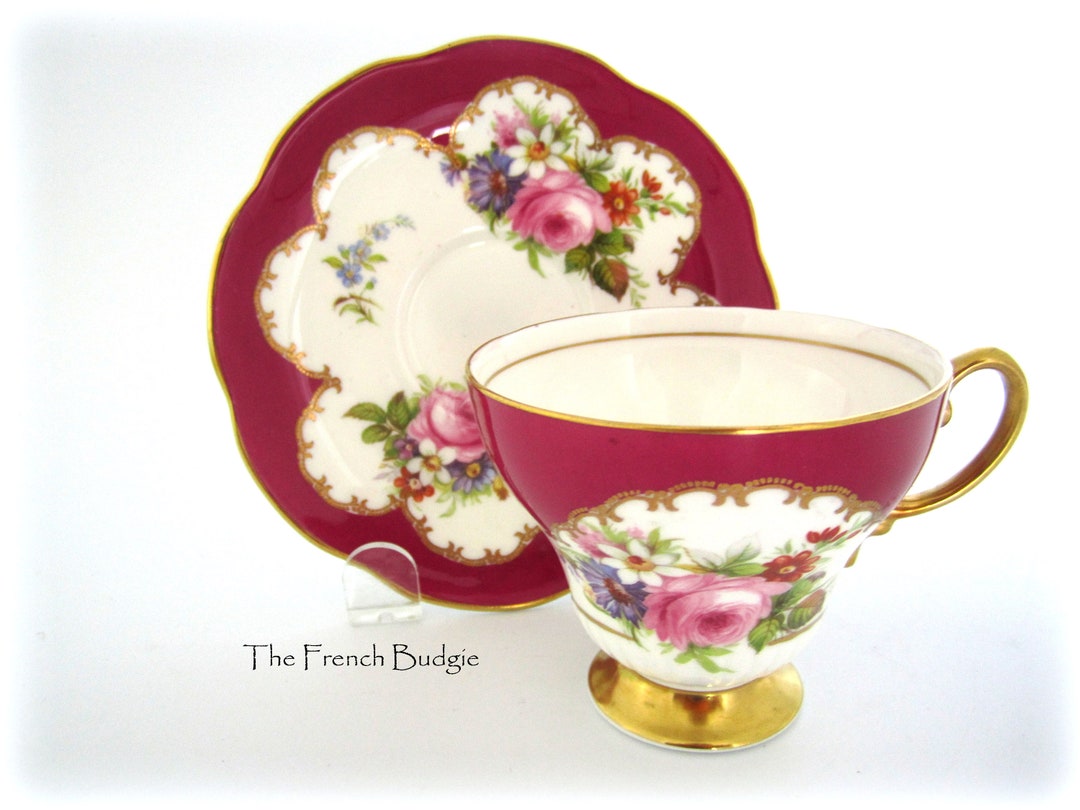 Foley Cherry Red and Gold Vintage Teacup and Saucer Set , Made in ...