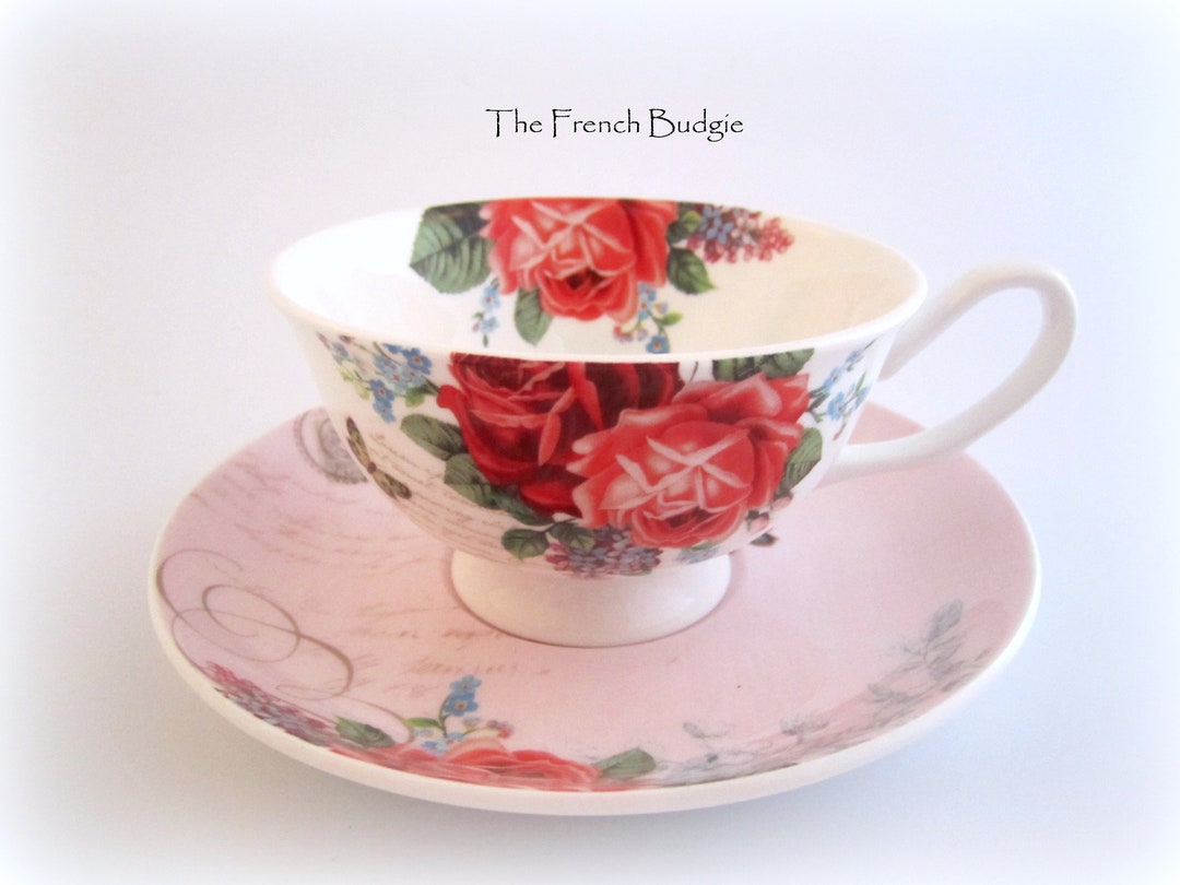 Gracie Stechcol Tea Ware Bright Red and Pink Roses Cottage Chic Teacup ...